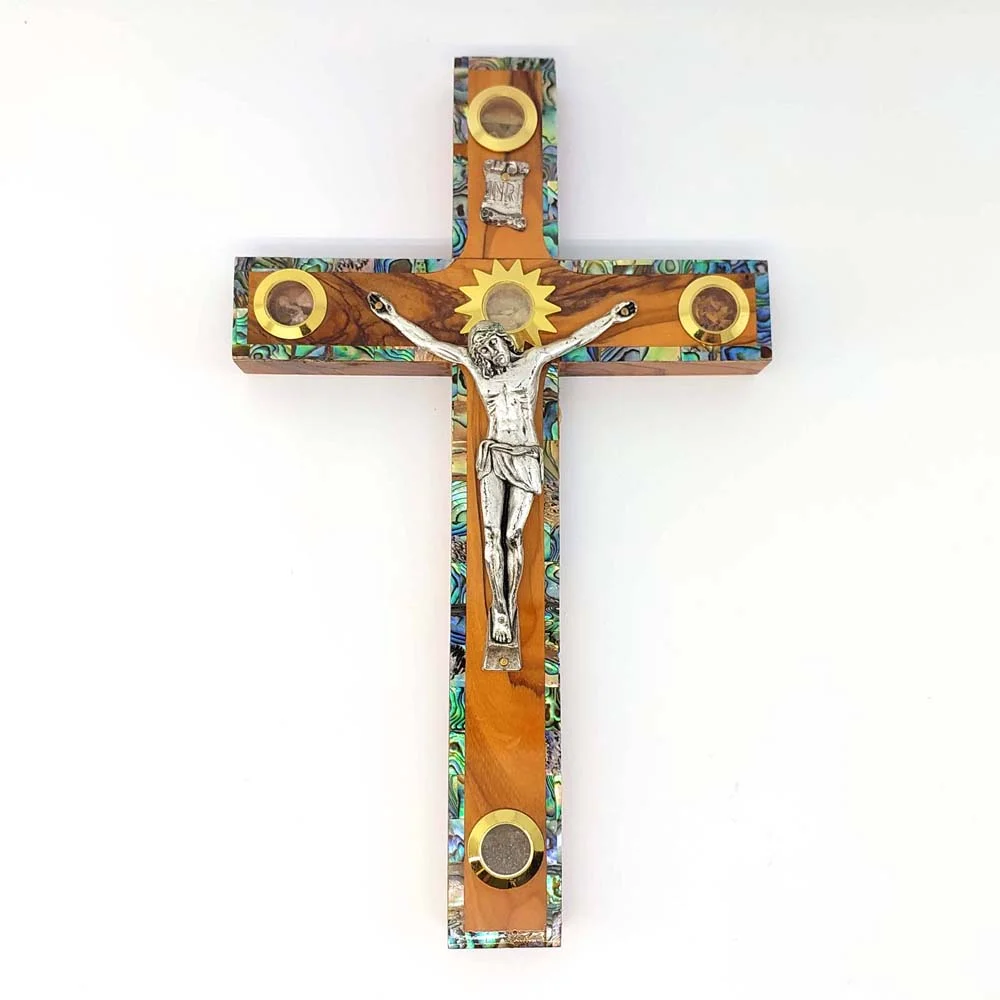 Olive Wood Catholic Cross with Mother of Pearl decoration and Holy ...