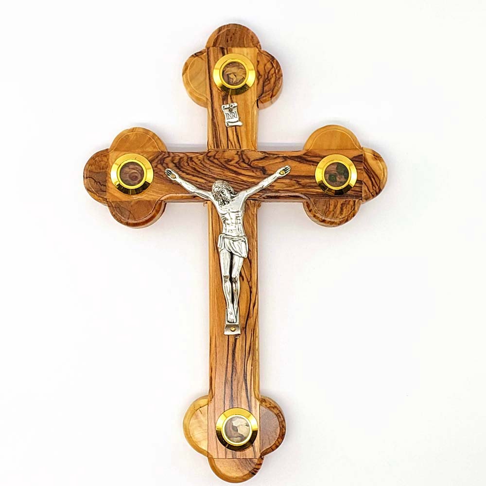 Orthodox Olive Wood Cross with Metal Crucifix &Holy Essences