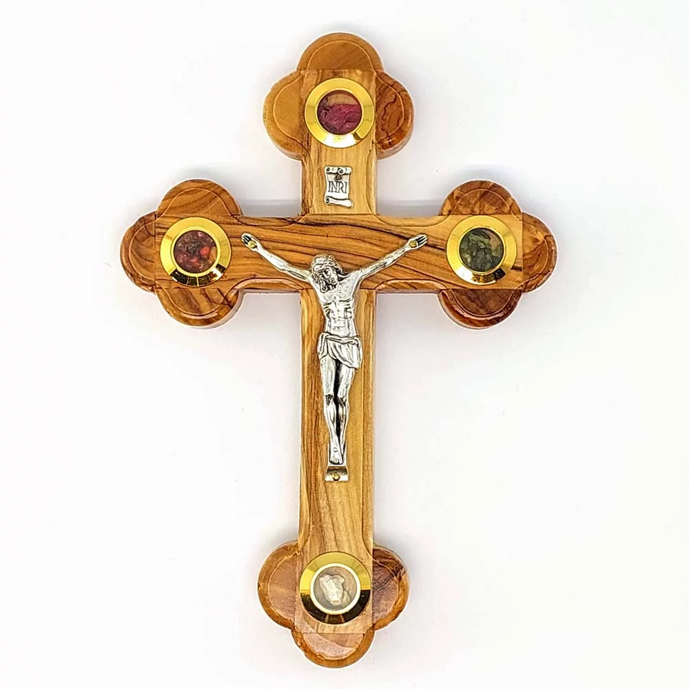 Orthodox Olive Wood Cross with Metal Crucifix &Holy Essences