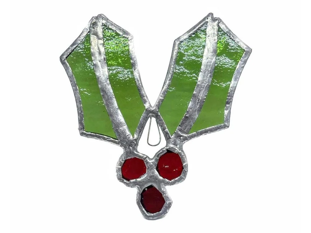 Christmas Holly Berry Stained Glass Ornament