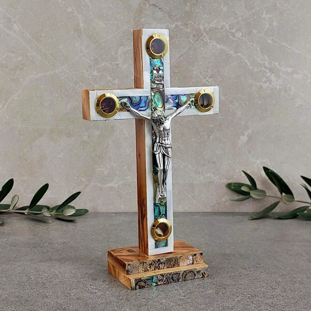 Mother of Pearl Latin Cross with Crucifix with Holy Essences