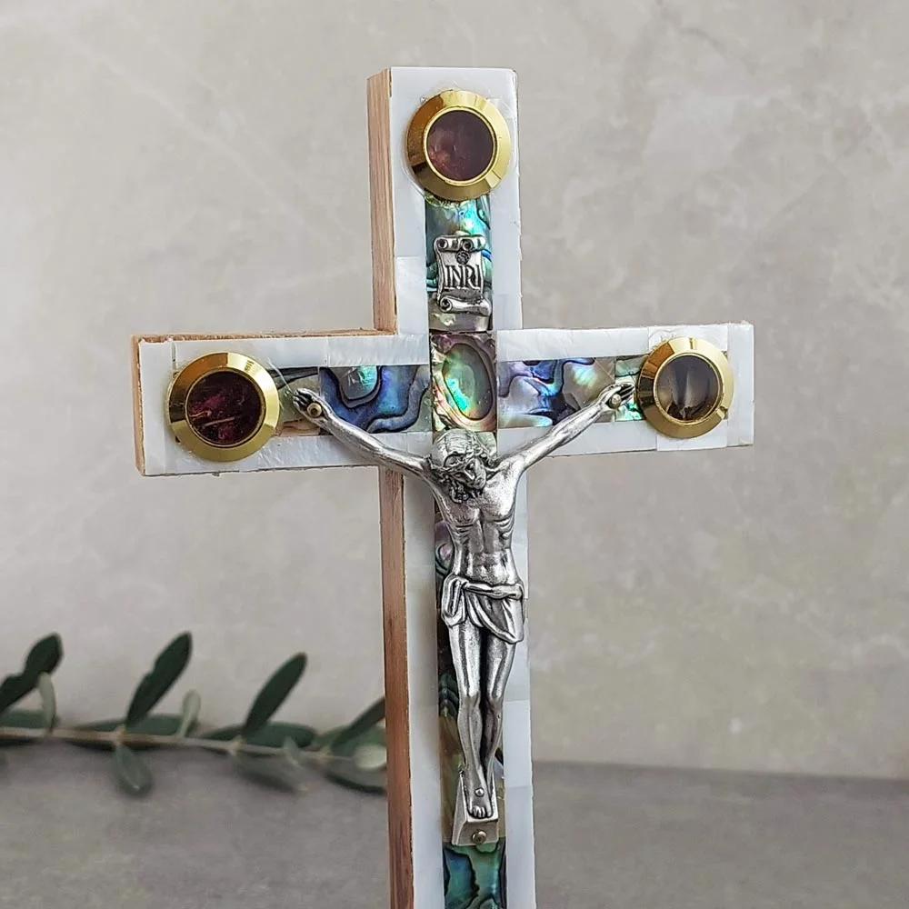 Mother of Pearl Latin Cross with Crucifix with Holy Essences